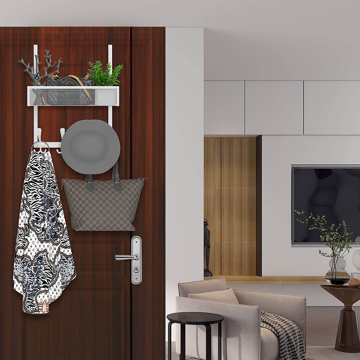 Kaiferty Over The Door Hooks Organizer,Over Door Hanger Towel Rack Mesh Basket with 12 Hooks,Back of Door Storage Organizer for Bedroom,Bathroom,Kitchen,Office(White)