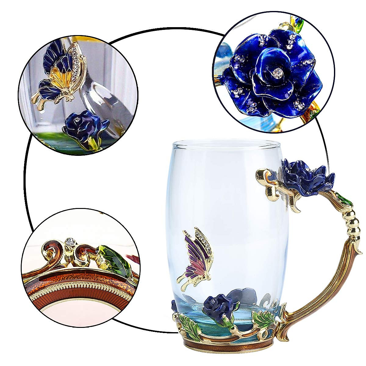 Tea Cup Coffee Mug Cups, Mother's Day Gifts, 13oz Handmade Rose and Butterfly Tea Mug with Spoon, Unique Gift for Women Mom Grandma Female Friend - Blue Tall