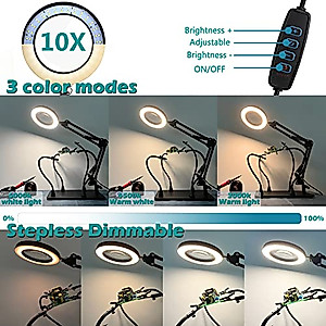 10X Magnifying Glass with Light and Stand, KUVRS Flexible Magnetic Helping Hands, Large Base & Clamp Magnifying Lamp, 3 Color Adjustable Arm Desk Magnifying Glass with Light for Soldering Craft Hobby