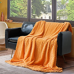 Vessia Flannel Fleece Throw Blanket(50x70 inch), 3D Jacquard Light Orange Fuzzy and Warm Blanket for Couch,Sofa,Bed,Chair, 300GSM Super Soft Touch Cozy Lightweight Throw for All-Season Home Decor