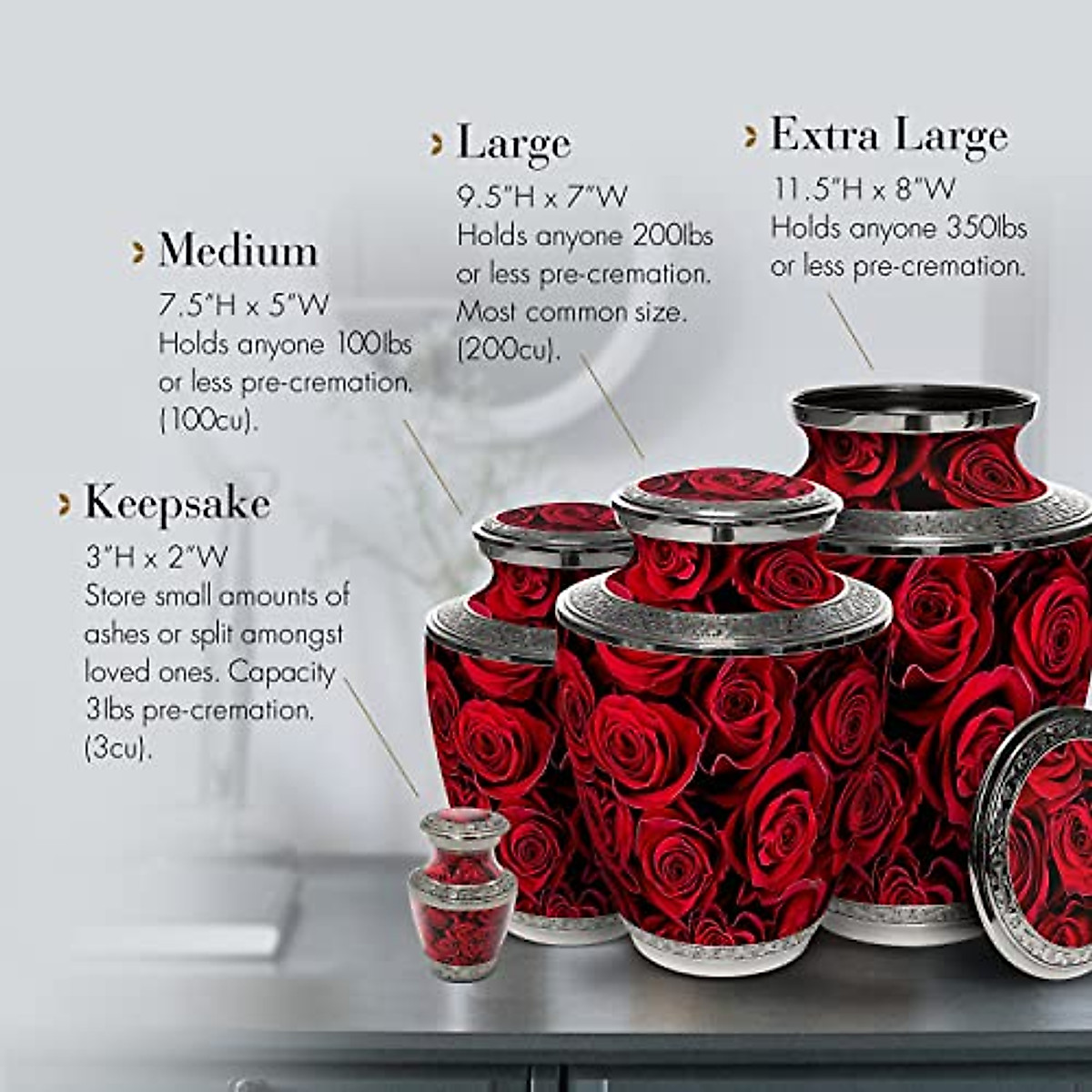 Crimson Rose Urns for Human Ashes Adult Female Large, XL or Small Urns for Human Ashes & Urns for Ashes Adult Female for Home or Burial - Rose Urn