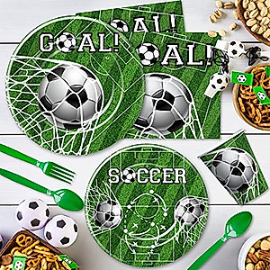 APOWBLS Soccer Birthday Party Supplies - Soccer Party Decorations Dinnerware, Plates, Cups, Napkins, Tablecloth, Cutlery, Straw, Sports Theme Soccer Birthday Party Decorations Tableware | Serve 24