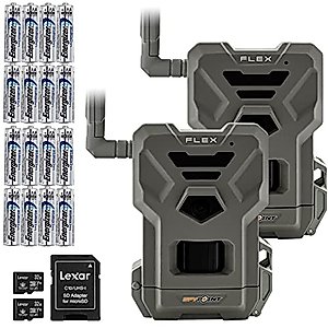 SPYPOINT Flex Dual-Sim Cellular Trail Camera 33MP Photos 1080p Videos with Sound and On-Demand Photo/Video Requests - GPS Enabled Premium Bundle with Lexar 32GB Micro SD Card (2 PK)