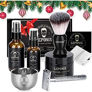 Shaving Kit for Men, Include Safety Razor, Sandalwood Shaving Cream, Mens aftershave, Pre Shave Oil, Shaving Brush and Bowl, Shaving Apron Bib -Unique Gifts for Men Him Stocking Stuffers