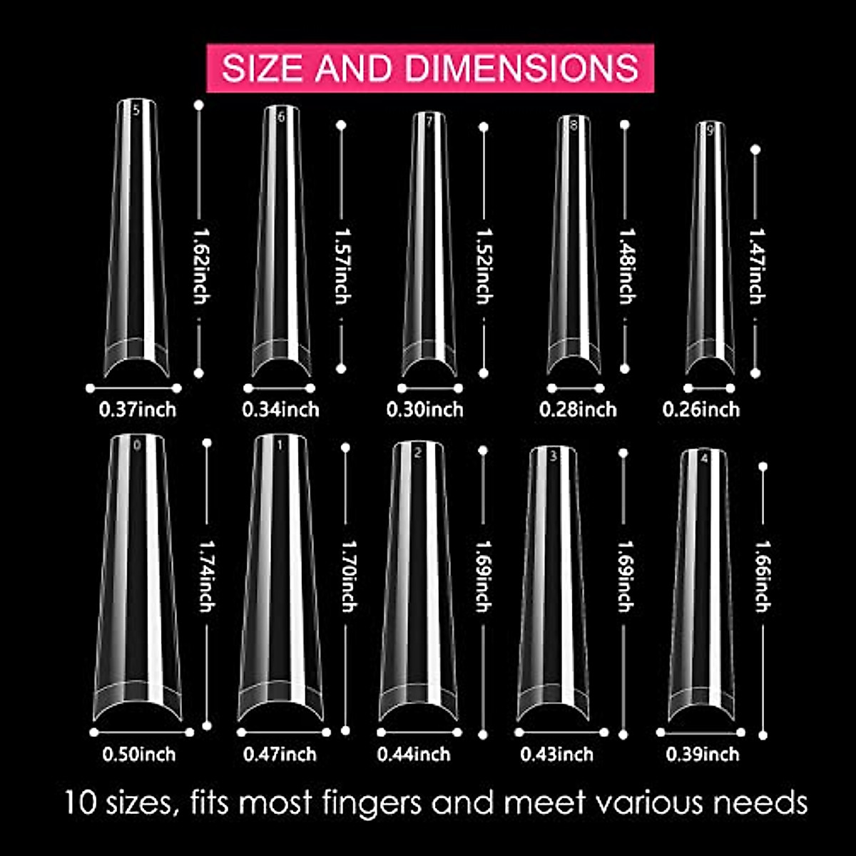 500Pcs XXL No C Curve Coffin Nail Tips for Acrylic Nails Professional Set, Clear Nail Tips Half Cover Long Fake Nails, Ballerina Shaped French Nails for Nail Salon and DIY Nail Art 10 Sizes