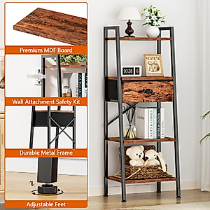 Furologee 4 Tier Ladder Shelf, Narrow Ladder Book Shelf with Drawer, Modern Bookcase Freestanding Shelf Units, Storage Shelves Organizer for Bedroom, Living Room, Bathroom, Home Office, Rustic Brown