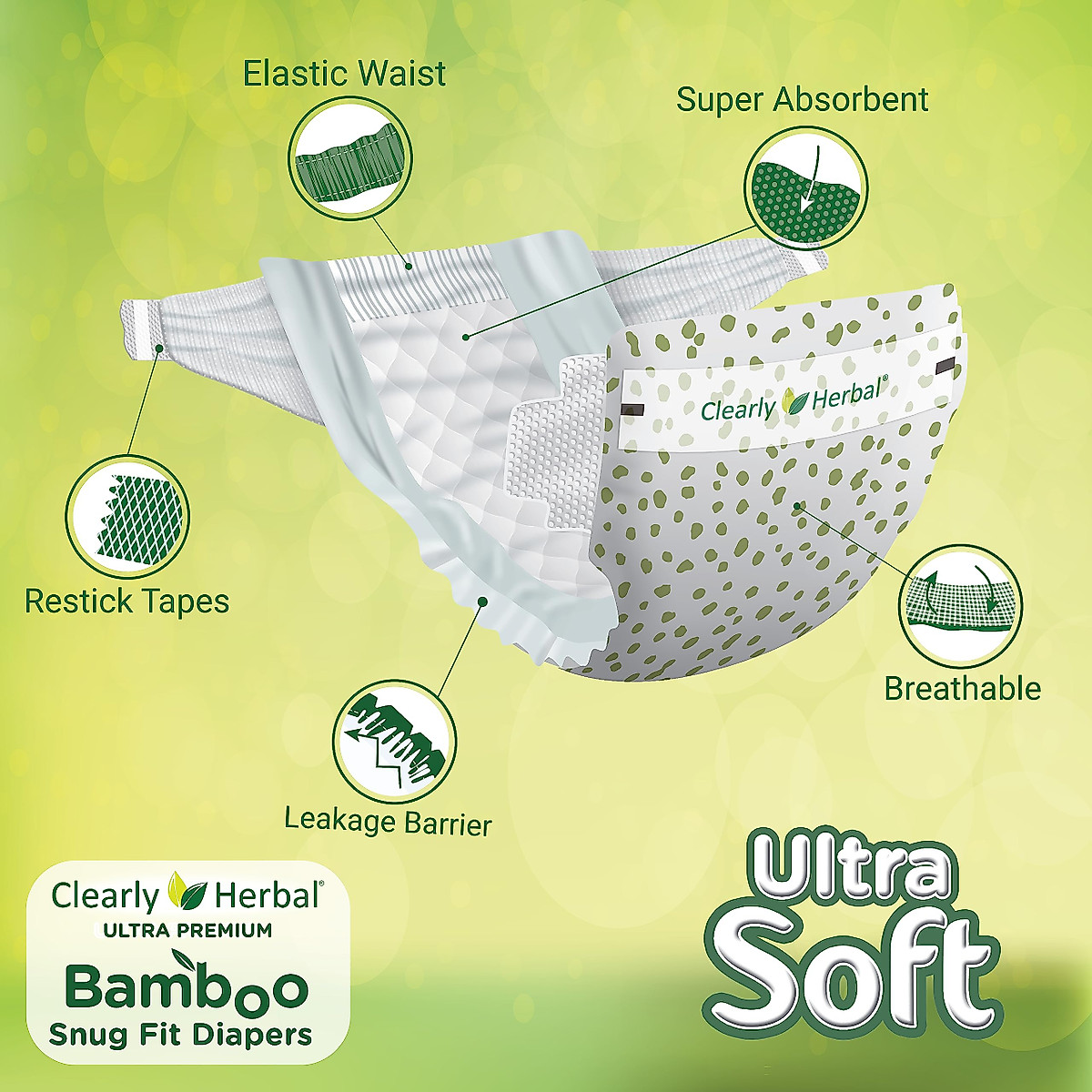 Clearly Herbal Bamboo Diapers, Micro Cushion Comfort & Other Plant-Based Materials, Size 1 34ct Case (4 Inner Bags)