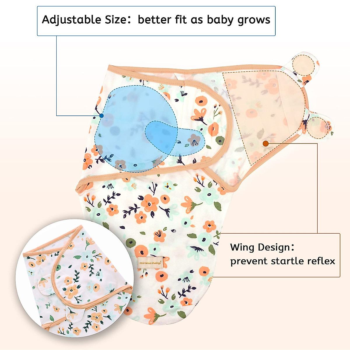 3 Pack Newborn Swaddle Blanket Adjustable Wrap Receiving Blanket Baby 100% Cotton Sleep Bag (0-3 Months, Flower + Green Dots + Pink)