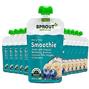 Sprout Organic Baby Food, Stage 4 Toddler Smoothie Pouches, Blueberry Banana with Coconut Milk, 4 Oz Purees 12 Count(Pack of 1)
