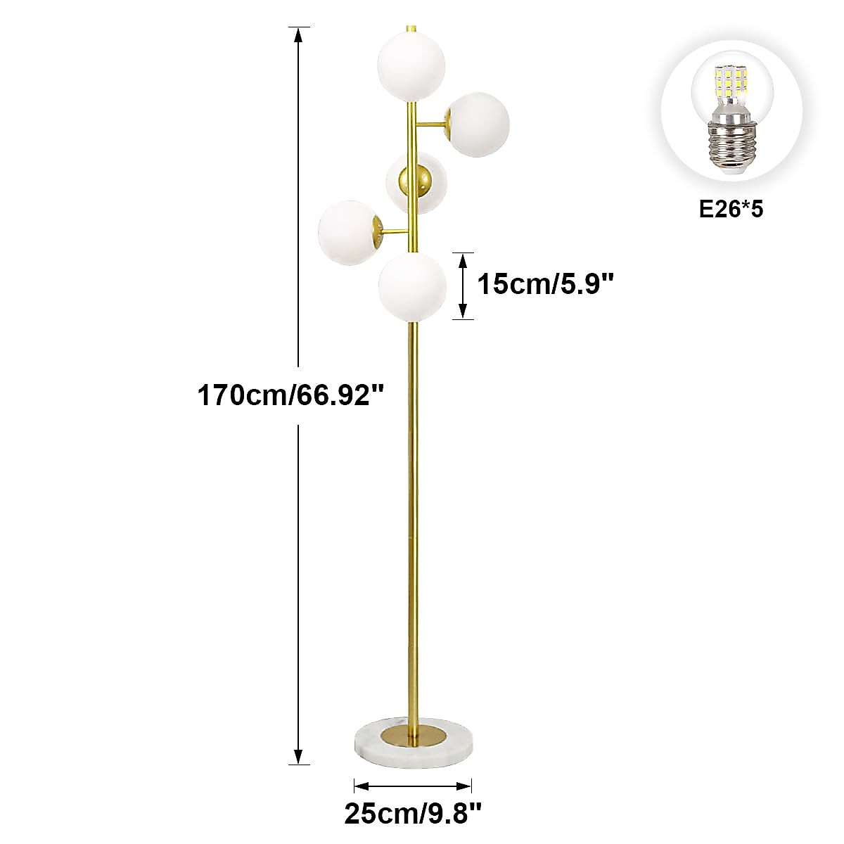 KCO Lighting 5-Light Frosted White Glass Globe Floor Lamp Mid Century Modern Gold Tall Pole Standing Light LED Standing Lamps with Foot Switch for Home Office (Gold)