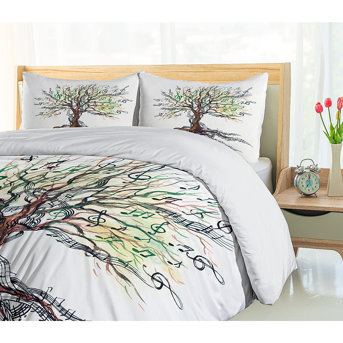 Ambesonne Music Duvet Cover Set, Musical Tree Autumnal Clef Trunk Swirl Nature Illustration Leaves Creative Design, Decorative 3 Piece Bedding Set with 2 Pillow Shams, Queen Size, White Brown