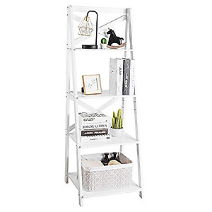Tangkula 4-Tier Ladder Shelf Bookcase Leaning Free Standing Wooden Frame Decor Bookshelf Storage Flower Shelf Plant Display Shelf for Home Office (White, 2)
