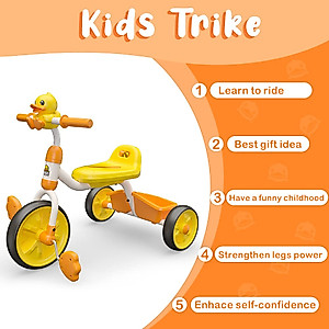 Toddler Tricycle Outdoor Trike for 1-3 Years Old with Storage Bin, Cute Riding Toys Gift for Girls Boys, Carbon Steel Frame and Silent Wheels (Yellow)