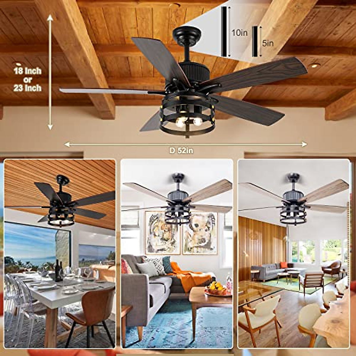 Farmhouse Rustic Ceiling Fans With Lights, Outdoor Ceiling Fan For Patios With Light, 52 In Industrial Ceiling Fan 5 Blade Large Airflow Dual Finish Wood Blades Ceiling Fan, Reversible Dc Quiet Motor