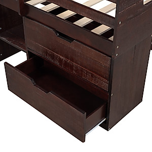 BIADNBZ Twin Size Low Loft Bed with Storage Drawers and Two Shelves, Solid Wood Kids LoftBed Frame for Boys Girls Bedroom, Antique Espresso