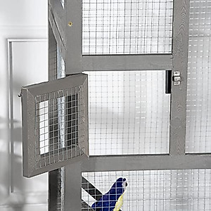 PawHut 65" Wooden Bird Cage Outdoor Aviary House for Parrot, Parakeet, with Pull Out Tray and 2 Doors, Grey