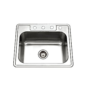 Houzer Stainless Steel 2522-9BS4-1 Glowtone Series Kitchen Sink - Topmount Single Bowl Basin Drop In, 4 Faucet Holes for Side Sprayer or Soap Dispenser, 9-Inch Deep, Ideal Workstation RV