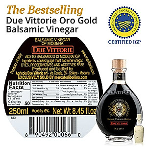 Due Vittorie Oro Gold, Barrel Aged Balsamic Vinegar of Modena IGP With Cork Pourer, All-Natural, Extra Dense Premium Vinegar Aceto Balsamico di Modena IGP Italy - 8.45fl oz / 250ml - Pack of 2