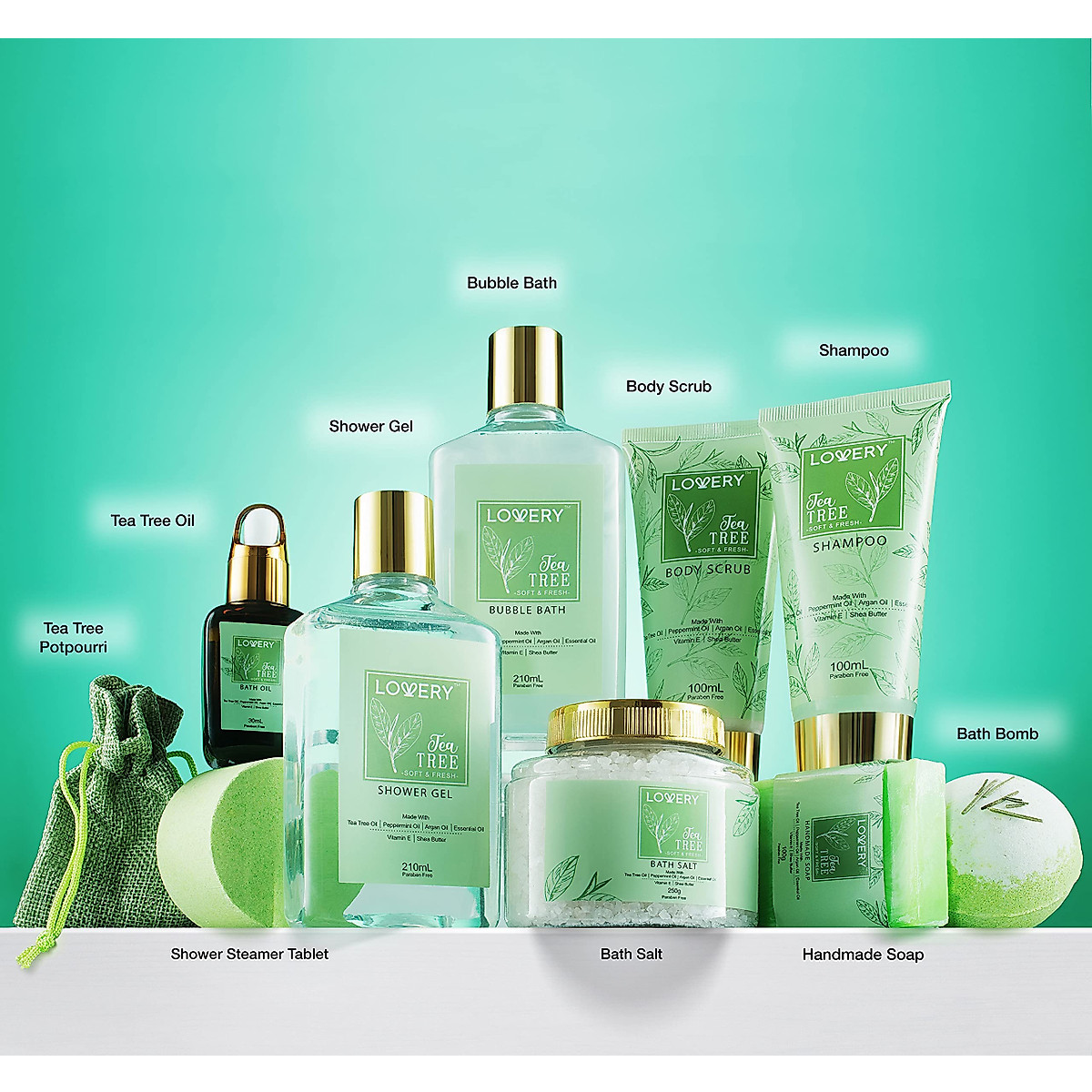 Tea Tree Bath Set - Luxury Home Spa Set with Calming Mint Fragrance – 15 pc Relaxation Gift Basket with Tea Tree Bath Oil,Shower Gel, Bubble Bath, Handmade Soap, Steamer Tablet, Potpourri & More