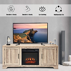 GRAFFY 65" Fireplace TV Stand, Wooden Television Console w/2 Storage Cabinets & Open Shelves, Modern Farmhouse Storage Cabinet Console with Doors, for 18"x 17" Electric Fireplace(not Included)