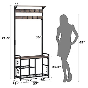 HOMEKOKO Coat Rack Shoe Bench, Hall Tree Entryway Bench with Storage, Wood Look Accent Furniture with Metal Frame, 3-in-1 Design (Dark Brown)