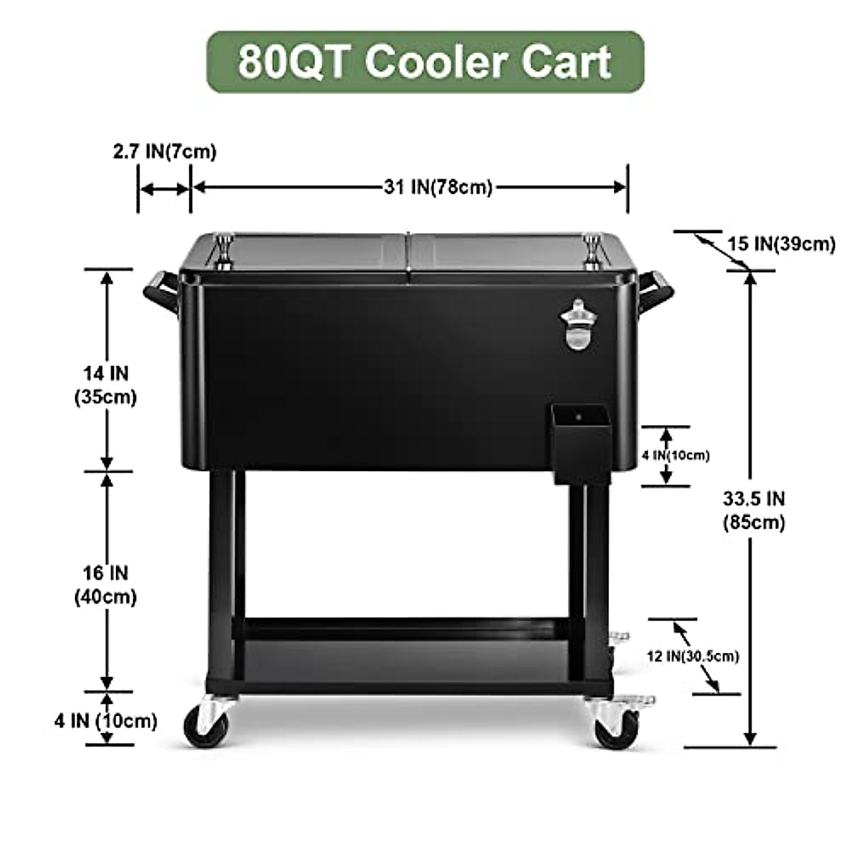 EDOSTORY 80 Quart Black Rolling Ice Chest Cooler Cart,Patio Backyard Party Drink Beverage Bar Stand Up Cooler Trolley with Ice Scoop