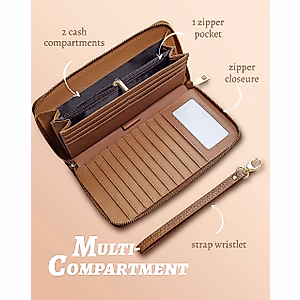 Yarnic Brown Women's Wallet Wristlet Band Wallet Credit Card Wallet Holder Money Pockets Women Clutch Case Coin Money Clip Organizer Purse with RFID Blocking Large Capacity with Zipper Tan