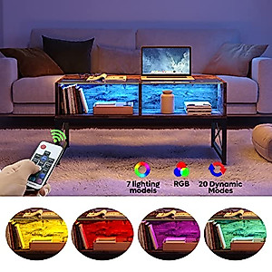 Bestier LED Coffee Tables for Living Room, 42 Inch Wood Center Table with Glass Top for Game Night. Living Room Tables Rustic Brown