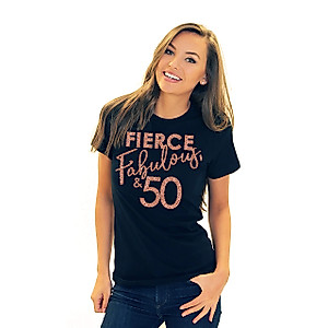 50th Birthday Party Shirt - Rose Gold Glam Fierce Fabulous & 50 T-Shirt - 50th Birthday Party Supplies - Medium - Black Tee(GlmFF50 RG) Blk/Md