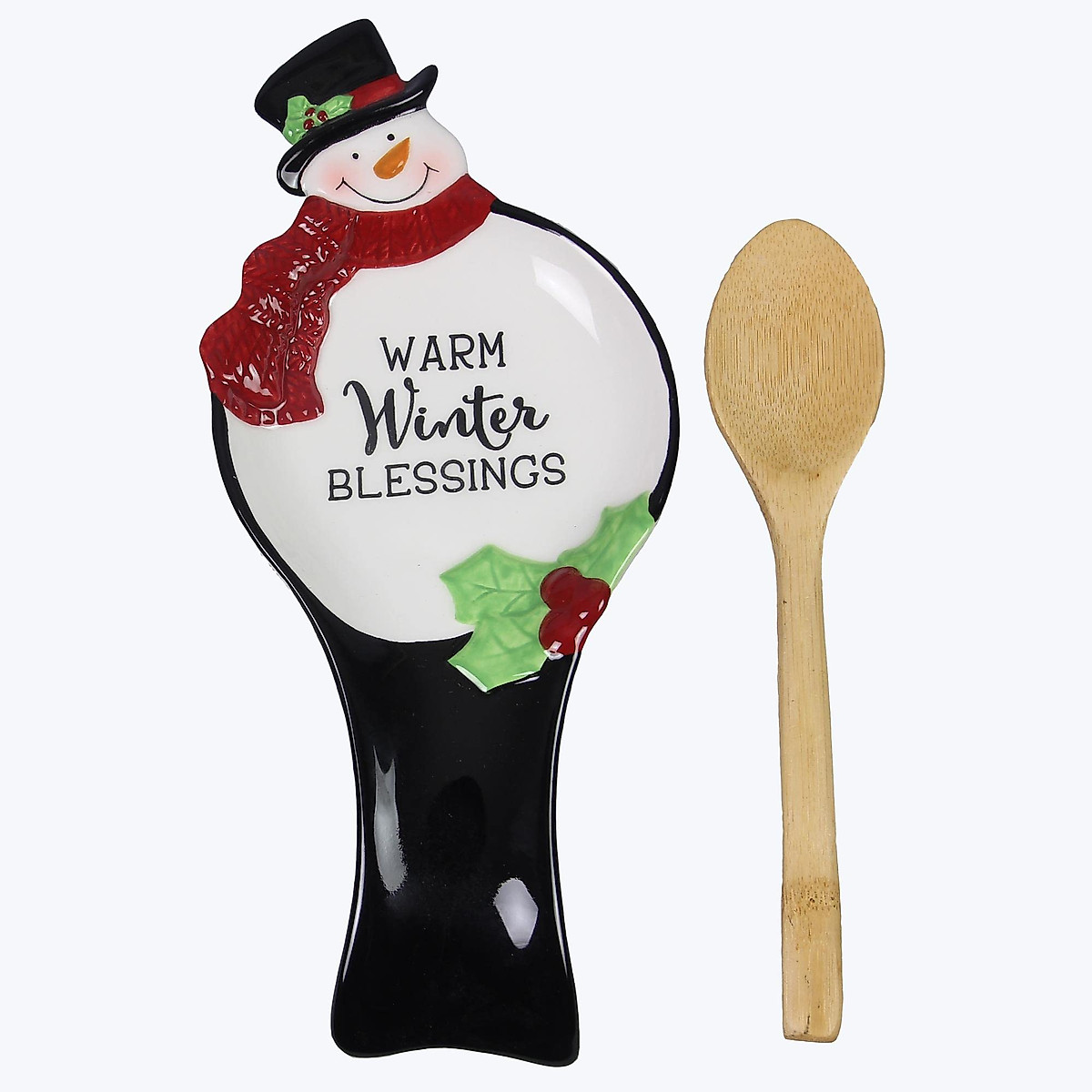 Young's Inc. Spoon Rest - Perfect for Stove Top and Kitchen Counter - Ceramic Holder - Can Hold Ladles, Spatulas, Tongs, and More - Stylish Snowman Design - Comes with Spoon - 9.65" x4.33" x1.18"