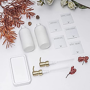 Janxin Glass Soap Dispenser for Kitchen with Stainless Steel Pump and Wood Tray, Modern Bathroom Soap Dispenser with Waterproof Labels for Hand Soap, Dish Soap, Lotion(White Bottles+Gold Pumps)
