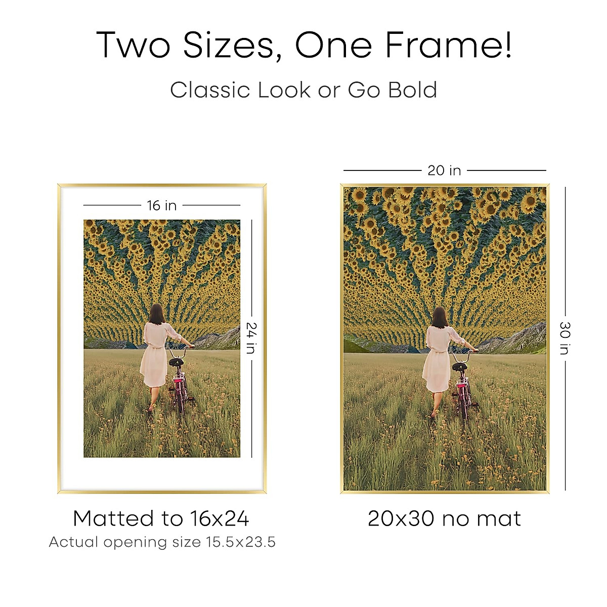 Homeforia 20x30 Poster Frame Gold, High End Metal 20 x 30 Picture Frames with Mat 16 by 24 Photo, 20x30 Gold Frame Matted to 16x24 Print, 30x20 Large Hanging Frames, Tempered Glass, Wall Kit, Set of 1