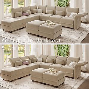 LLappuil L Shaped Modular Sectional Sofa 9 Seater Sectional Couch with Storage Ottoman, Deep Sectional Sofas for Living Room with Adjustable Armrest/Backrest, Chenille, Khaki
