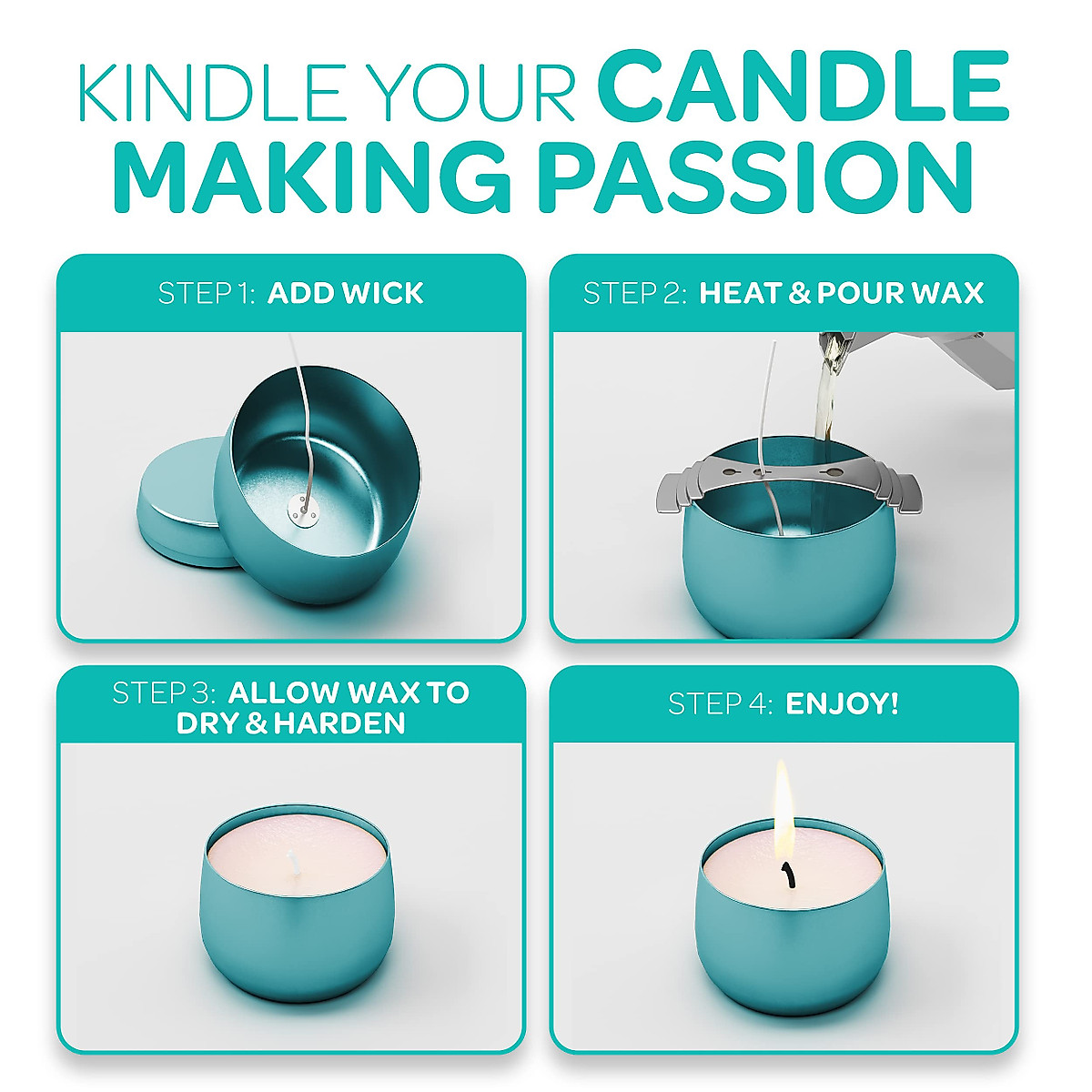 Hearts & Crafts Containers with Lids for Candles - 24-Pack of Teal Candle Tins 8 oz for Candle Making, Storage, and Organizing Small Essentials - Empty Jars for DIY Crafts and Gifts