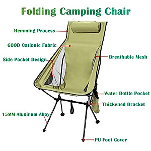Sequpr Ultralight High BackOutdoor Folding Camping Chair， Heavy Duty Mesh Lightweight Beach Lounge Chair with Pillow and Cup Bag, Large Chair for Travel, Hiking,Fishing,Beach (Green)