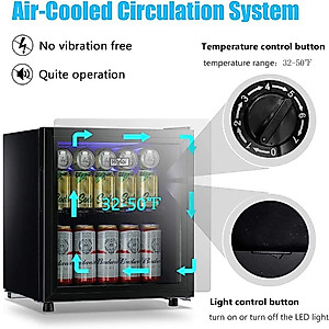 Mini Fridge Glass Door 60 Cans Beverage Cooler Refrigerator Mini Beer Fridge 1.6 cu.ft Organizer for Drinks Soda Wine Small Refrigerator with Blue LED for Home Office Dorm