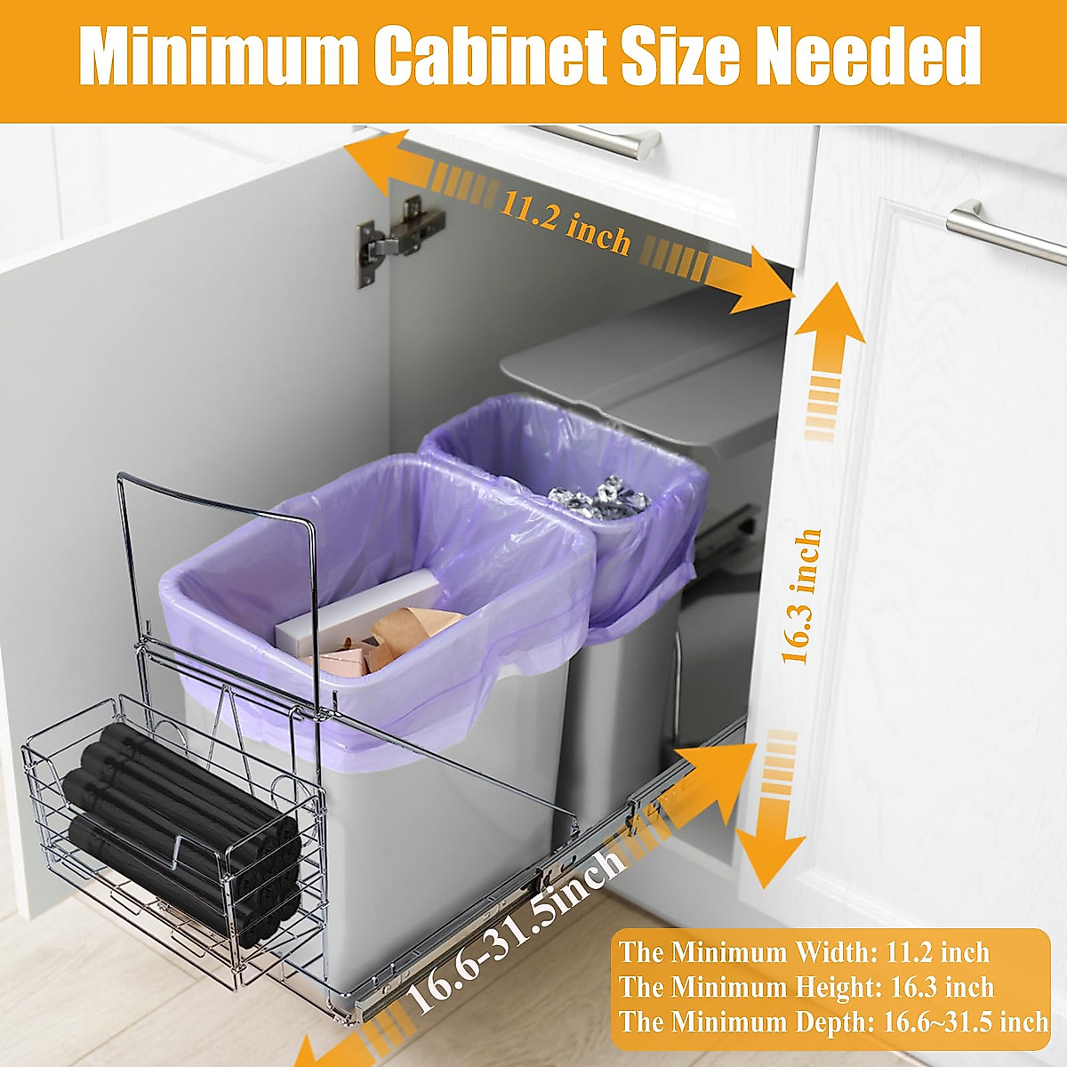 Under Cabinet Pull Out Trash Can Kit – Adjustable Shelf Removable Front Basket for Garbage Bag Storage, Under Sink Trash Can Pull Out for Kitchen Fits 7-12 Gallon Bins (Trash Can Not Included)
