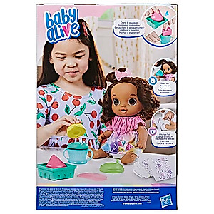 Baby Alive Fruity Sips Doll, Lemon, Toys for 3 Year Old Girls, 12-inch Baby Doll Set, Drinks & Wets, Pretend Juicer, Kids 3 and Up, Brown Hair