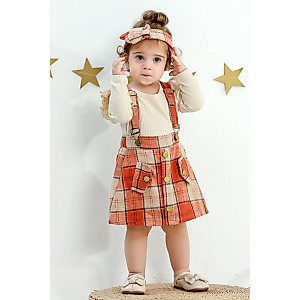 YOUNGER STAR Infant Baby Girl Fall Outfits Romper Jumpsuit Strap Skirt Clothes Set Baby Girl Clothing (3-6 Months,Rust-red khaki plaid skirt)