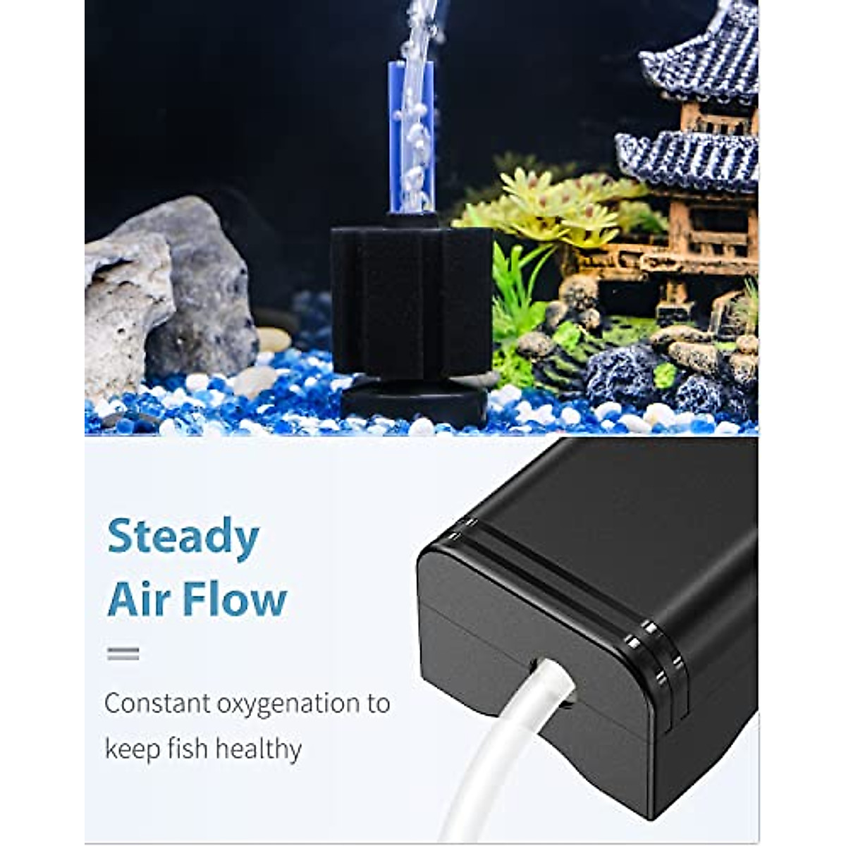 Pawfly Mini Aquarium Air Pump 15 GPH Quiet Oxygen Aerator Pump with Bracket Airline Tubing Bio Sponge Filter Air Stone Control Valve and Check Valve for 3-20 Gallon Nano Fish Tanks and Buckets