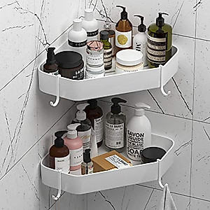 JYL HOME Corner Shower Caddy Bathroom Kitchen Storage Organizer with Hooks Wall Mounted Heavy Duty Aluminum, 2-Pack, White