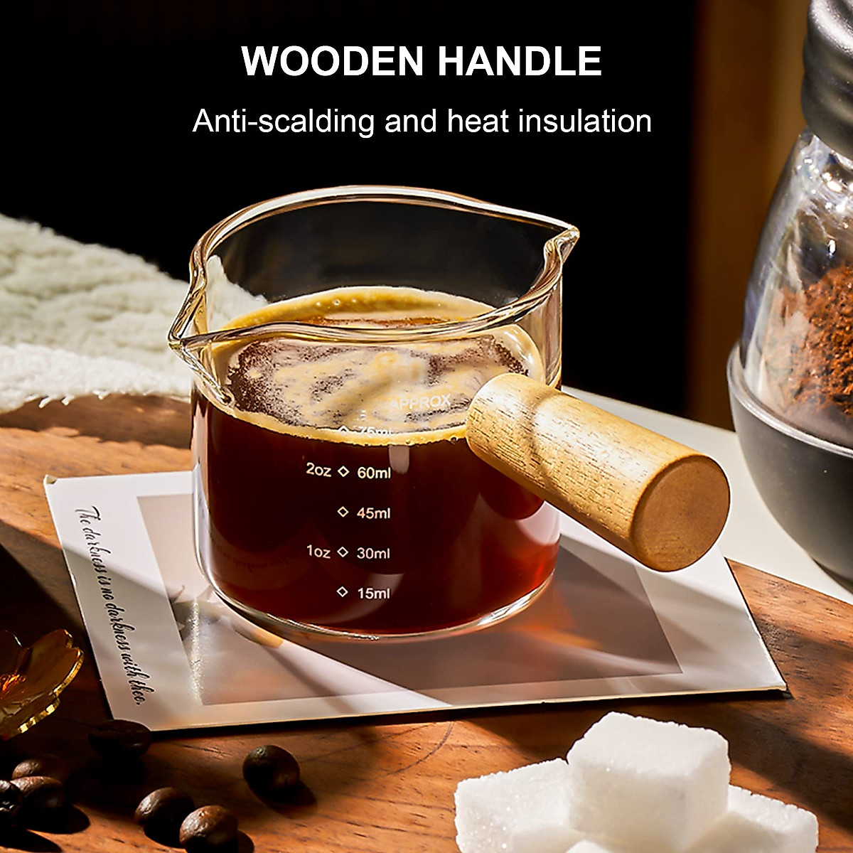 PARACITY Espresso Cups with Wood Handle, Double Spout Glass Measuring Cup with Dual Scale, Espresso Shot Glass with V-Shaped Mouth, Clear Glass Espresso Accessories, Milk Frothing Pitcher 3.5OZ