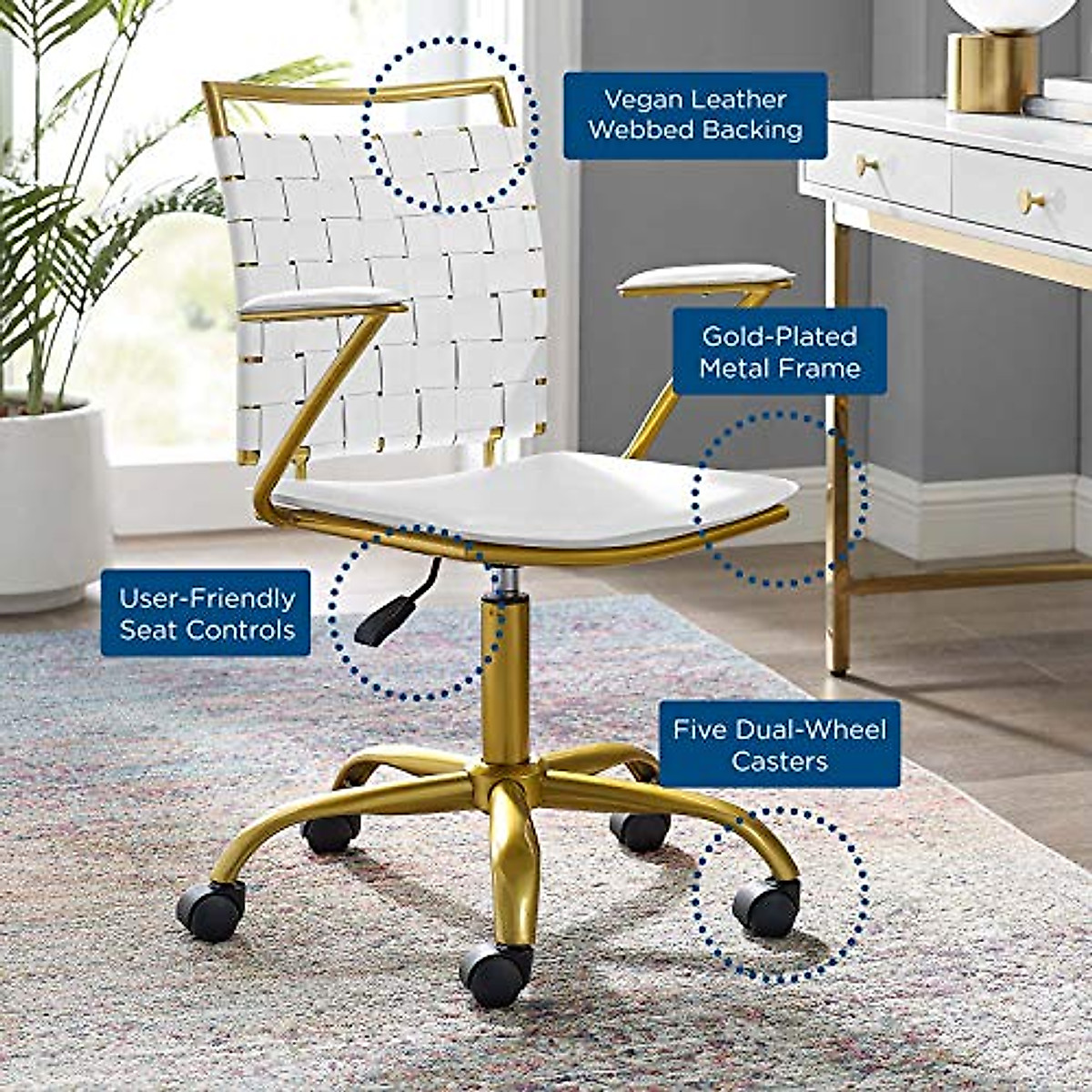 Modway Fuse Webbed Back Faux Leather and Gold Metal Adjustable Office Chair, White