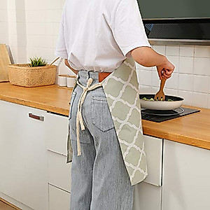 Tosewever 2 Pieces Cotton Linen Waterproof Bib Kitchen Apron with Pockets - Long Ties Adjustable Neck Strap - Unisex BBQ Cooking Drawing Crafting Aprons for Women Chef (Grey/Green, 2)