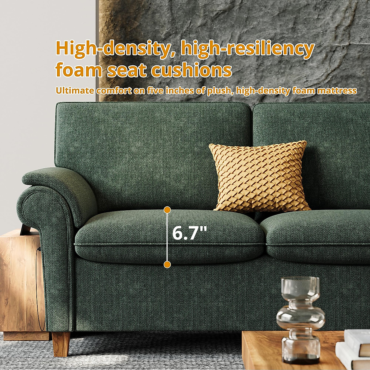 LIKIMIO Sofa 89 Inch, Comfy Sofa Couch with USP Port, Extra Deep Seats Modern 3 Seater Sofa, Couch for Living Room Apartment Lounge, Green Chenille