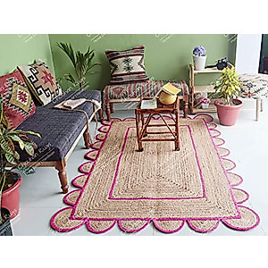 Chouhan Rugs Area Rug Natural Jute Hand Braided Rug Pink Scalloped Runner