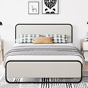 Homhougo Queen Size Bed Frame with Upholstered Headboard and Footboard,10.3'' Underbed Space, Curved Design, Strong Slats Support, Box Spring Optional, Beige