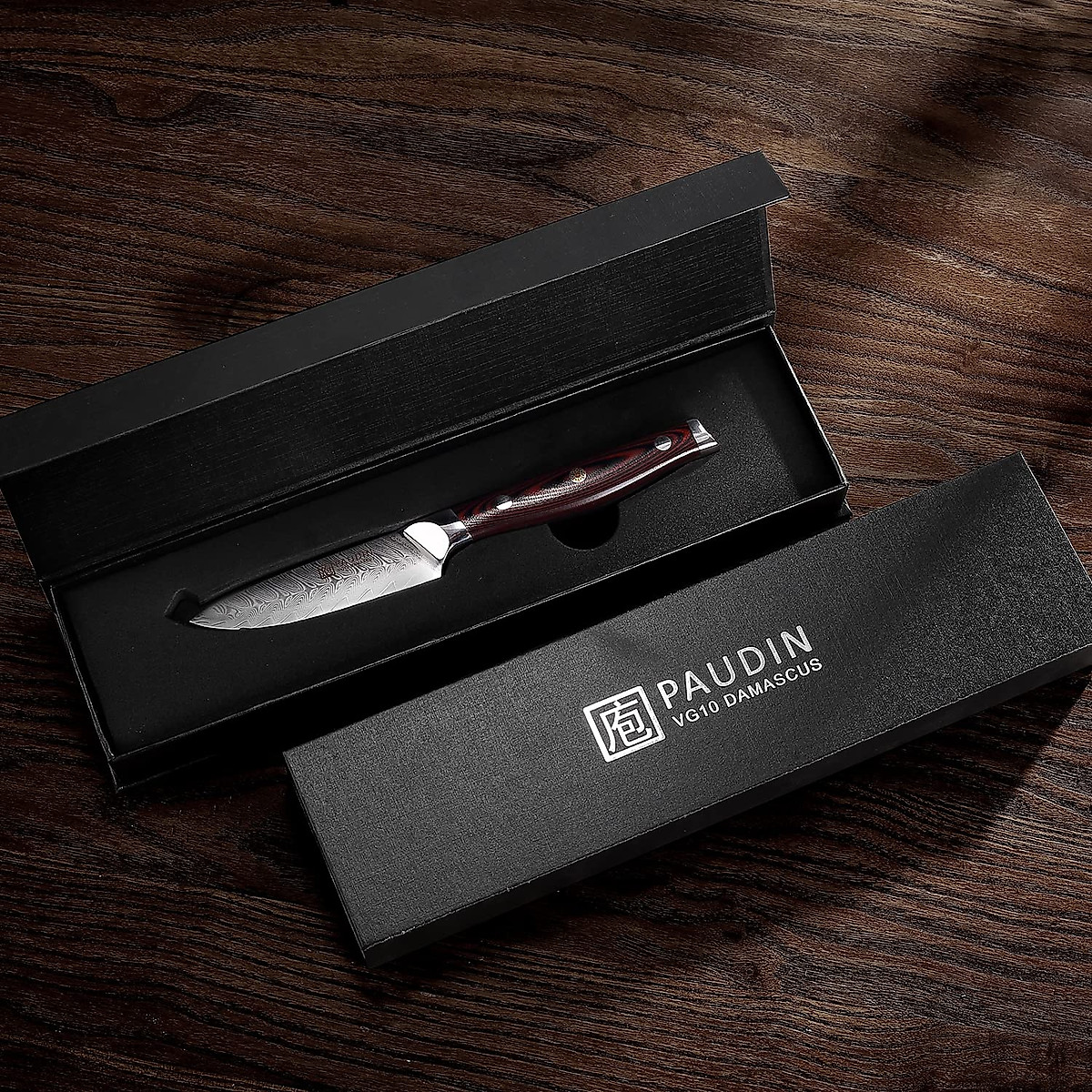PAUDIN 3.5 Inch Paring Knife, Damascus Stainless Steel Blade Full Tang G10 Handle, Sharp VG10 Steel Fruit Knife and Vegetable Peeling Knife