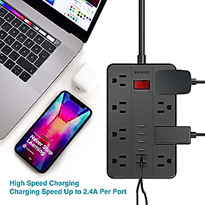 Power Strip with USB,SMNICE Surge Protector Flat Plug with 8 Widely-Spaced Outlets & 6 USB Ports, Wall Mountable 5ft Extension Cord for Smartphone Tablet Laptop Computer Multiple Devices Black