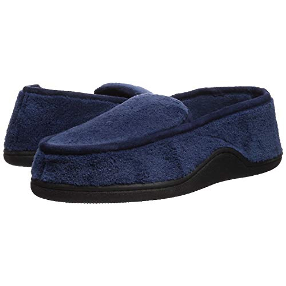 isotoner Men's Terry Moccasin Slipper with Memory Foam for Indoor/Outdoor Comfort, Navy, Large